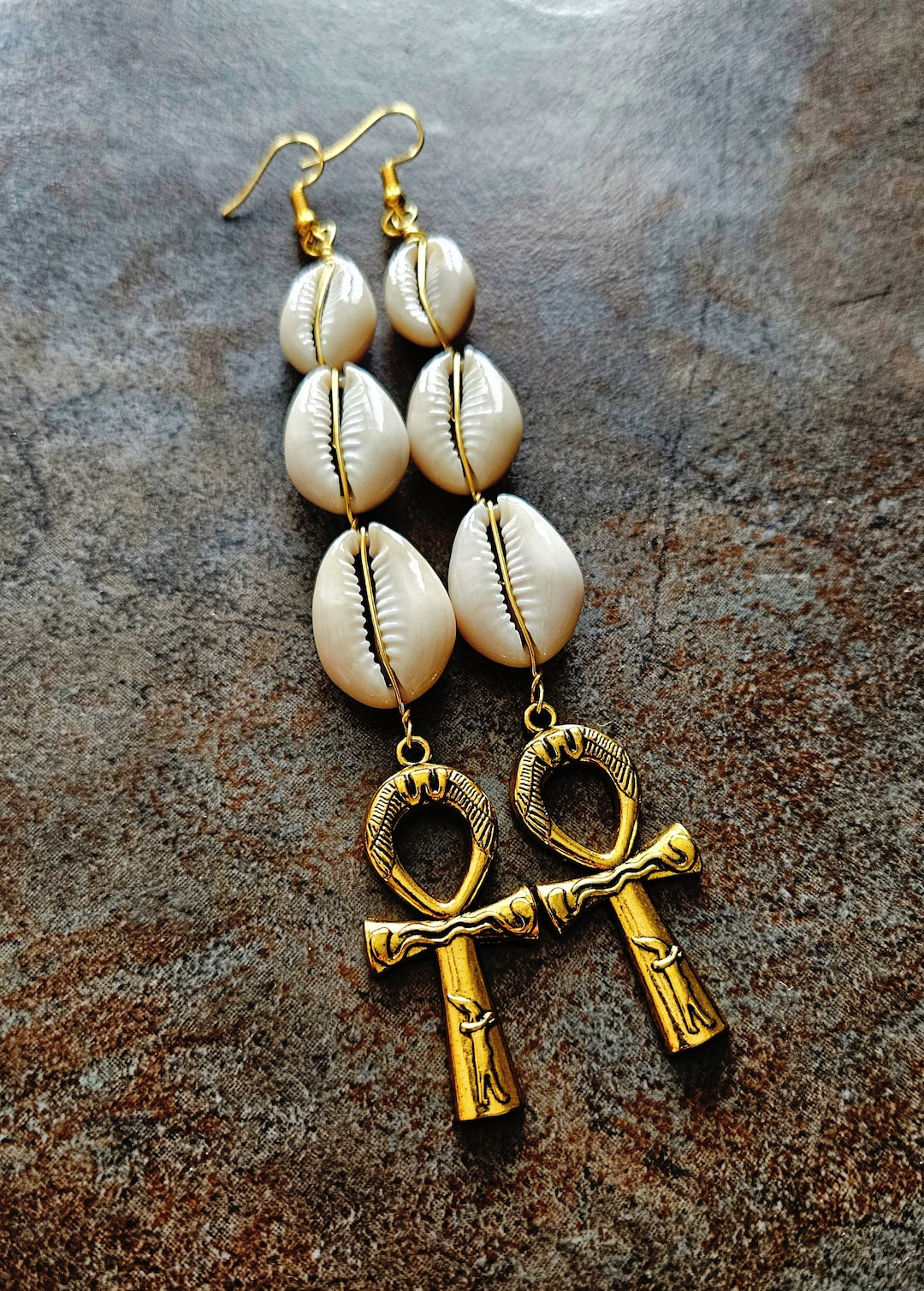 Gold Ankh Triple Cowrie Shell Dangle Earrings, Egyptian, Statement ...