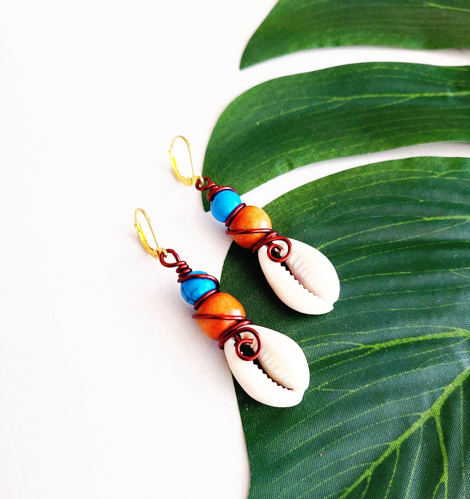 Wire Wrapped Cowrie Shell Dangle Earrings Boho Chic Earrings | Etsy