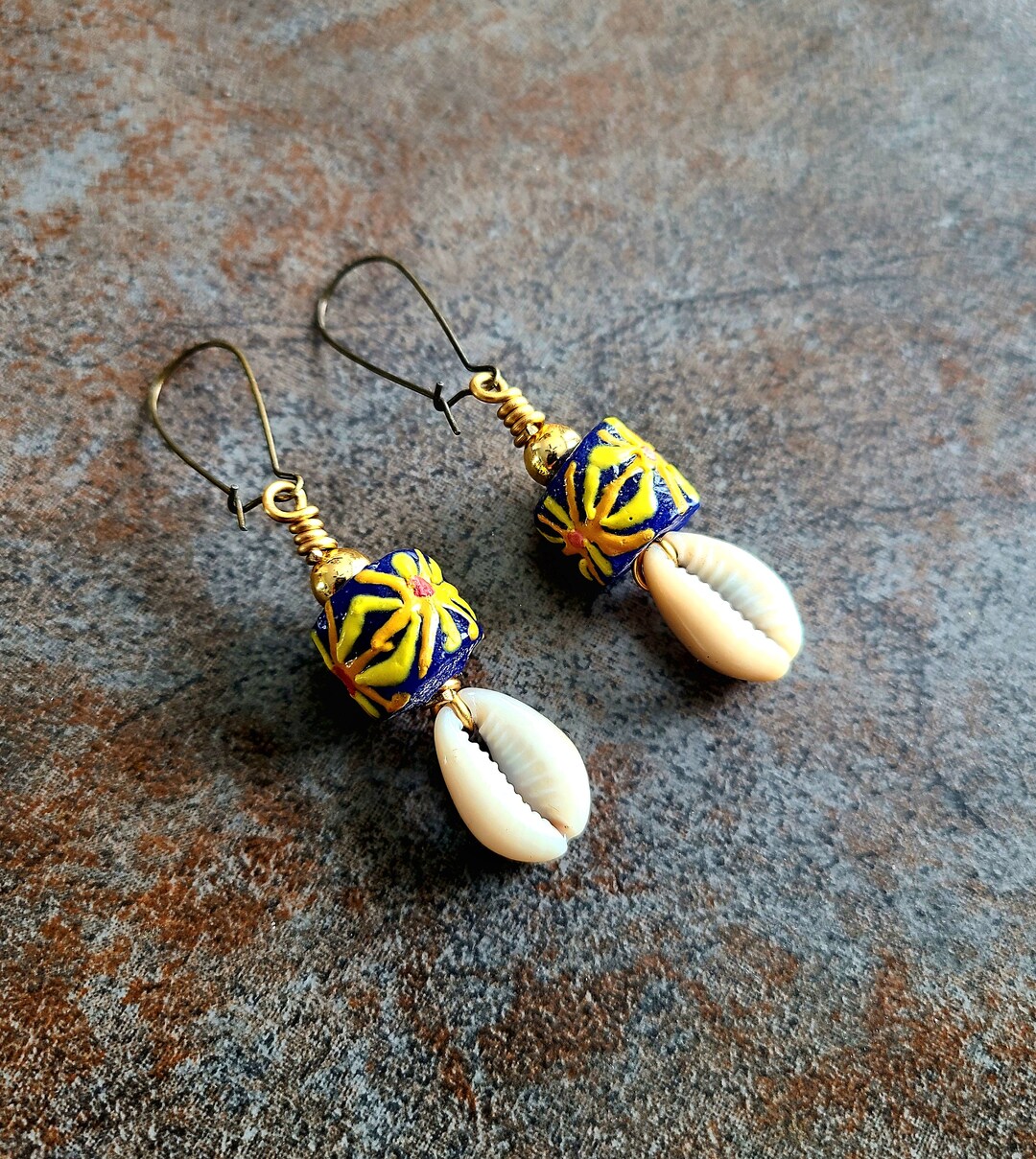 African Trade Bead Cowrie Shell Earrings, Drop, Dangle, Ethnic Jewelry ...