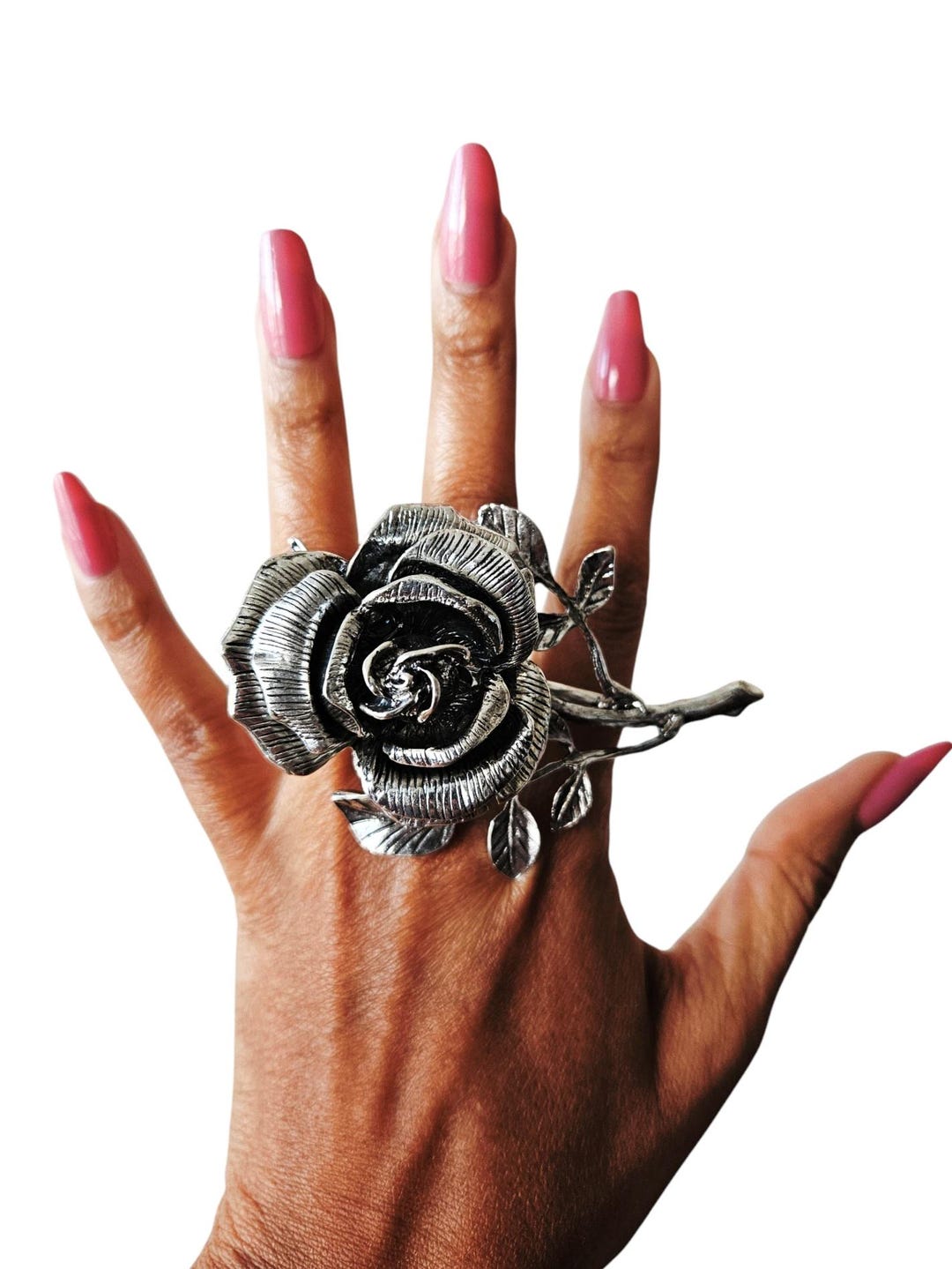Large Silver Rose Petal Ring, Two Finger, Maximalist, Statement Jewelry ...