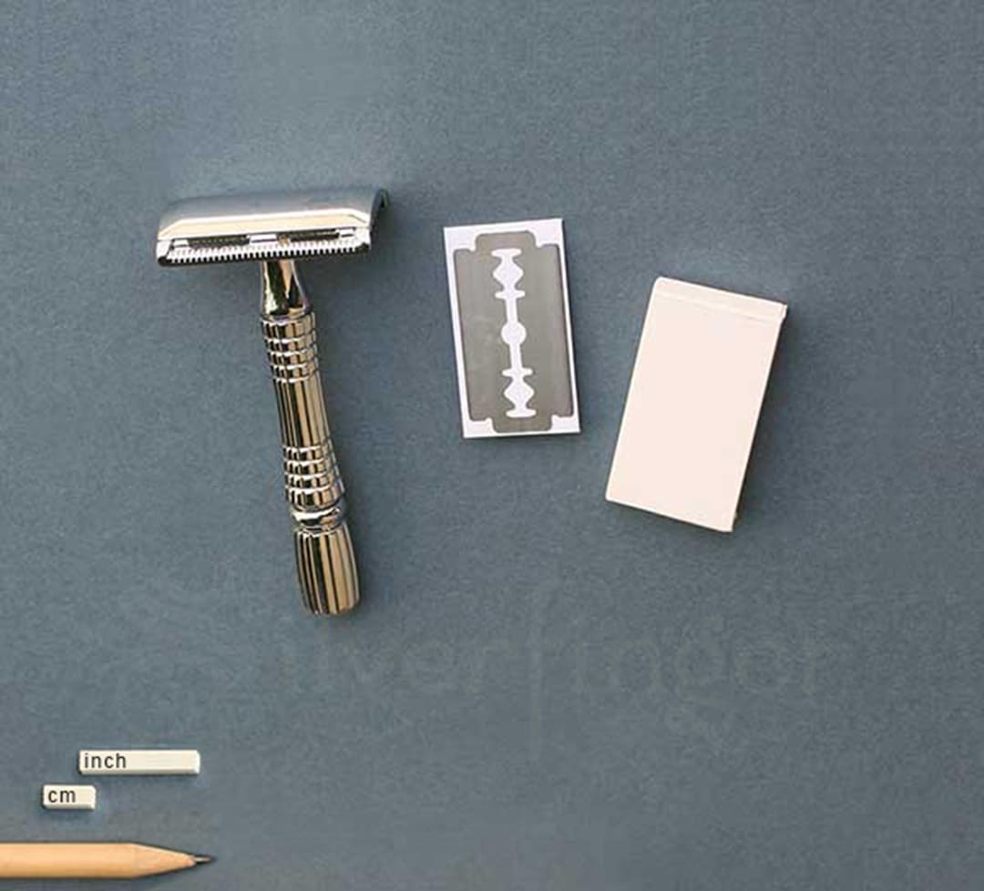 SAFETY RAZOR Stainless Steel + 5 Double Edge Replacement Shaving Blades ...