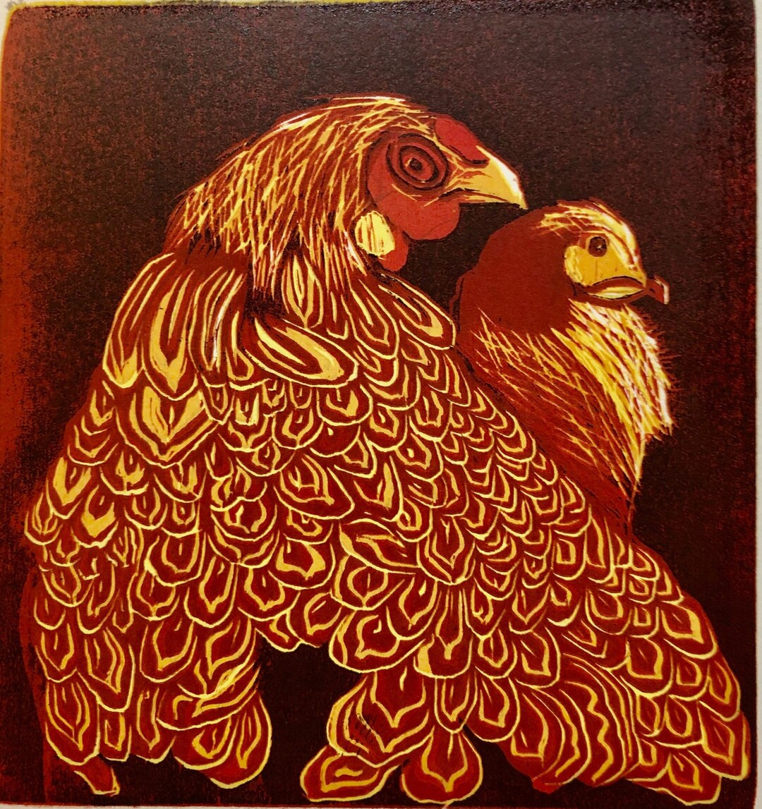 Limited Edition Woodcut Print. Chicken With Chick - Etsy