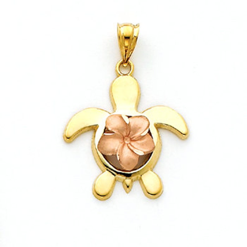 14K Yellow/rose Gold Two-tone Hawaiian Plumeria Flower & Turtle Pendant ...