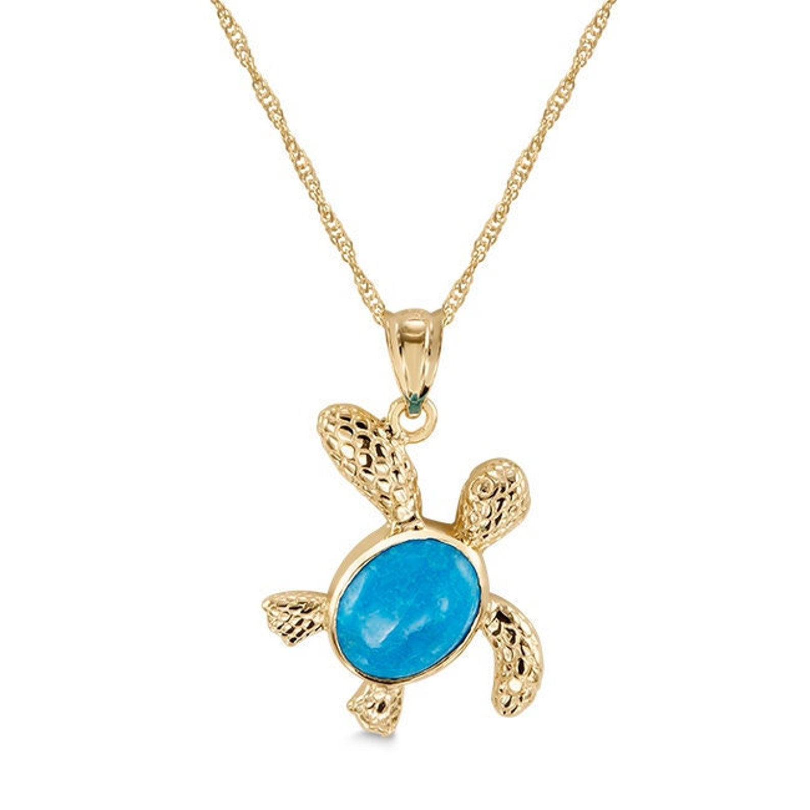 14k Solid Gold Sea Turtle Pendant With Natural Turquoise on 18 Gold ...