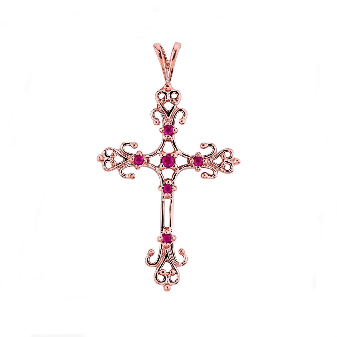 14K Rose Gold Ruby Cross Pendant, Cross Pendant, Ruby Pendant, Cross ...