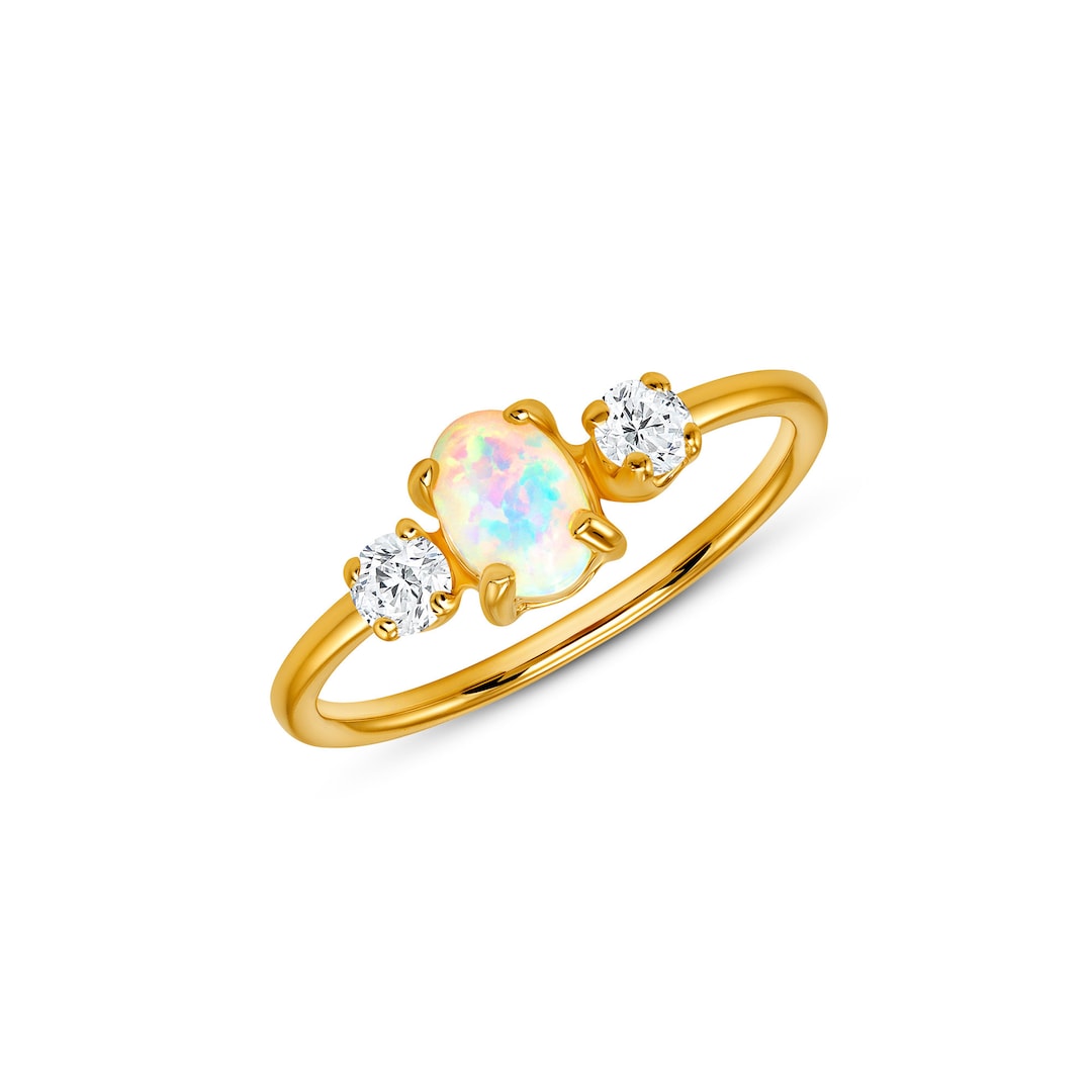 14k Solid Gold October Birthstone Ring With Opal and Cubic Zircon - Etsy