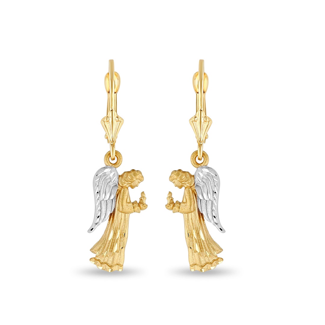 14k Solid Gold Two Tone Angel Holding Candle Lever Back Drop Earrings ...