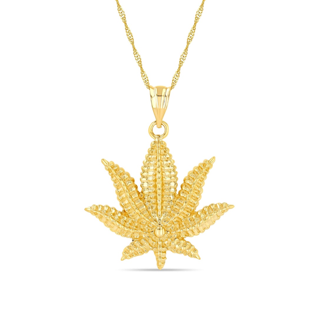 14k Solid Gold Marijuana Leaf Pendant on 18 Solid Gold Chain. - Etsy