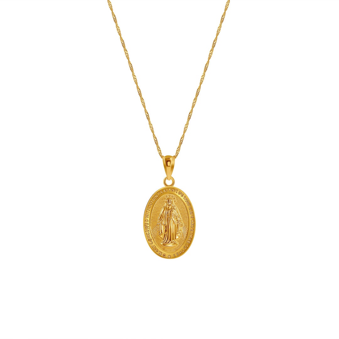 14k Solid Gold Virgin Mary Pendant on 18" Chain. Miraculous Pendant ...