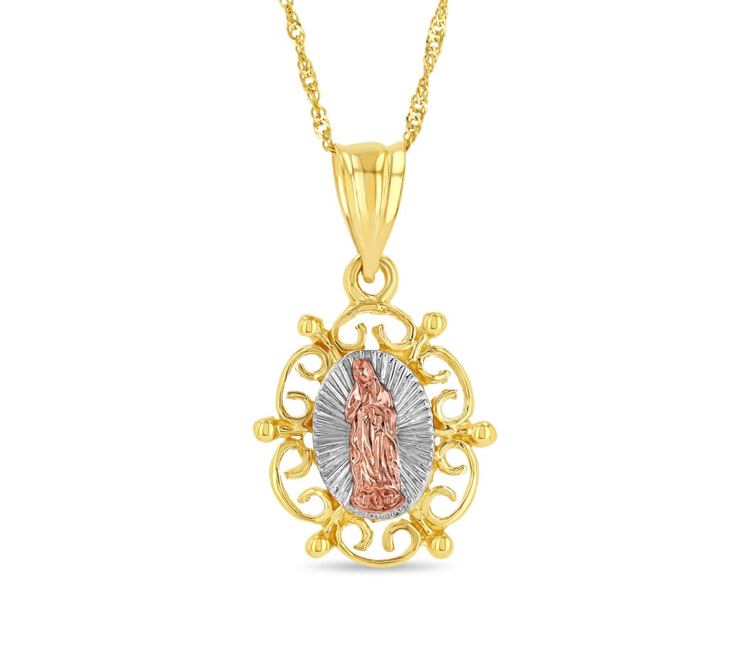 14k Gold Tri Color Our Lady of Guadalupe Pendant on 18" Solid Gold ...
