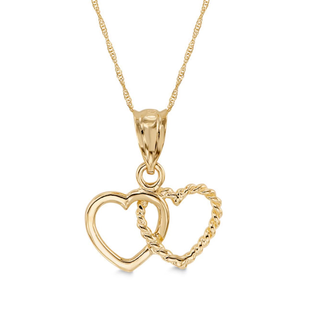 14k Solid Gold Double Heart Pendant Necklace - 18" Chain - Etsy