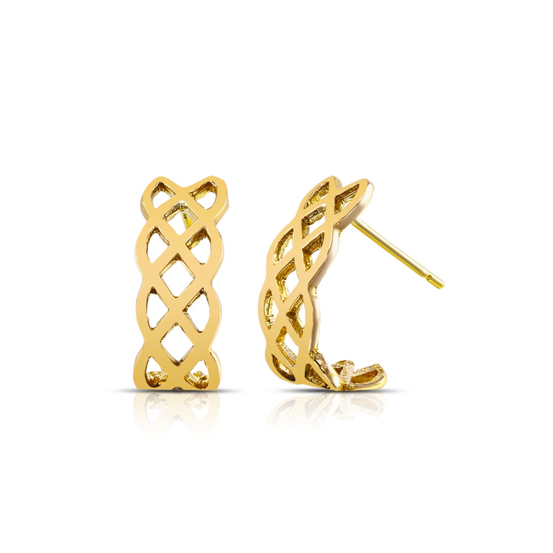 14k Solid Gold Weave Post Earrings: Half Hoop Design - Etsy