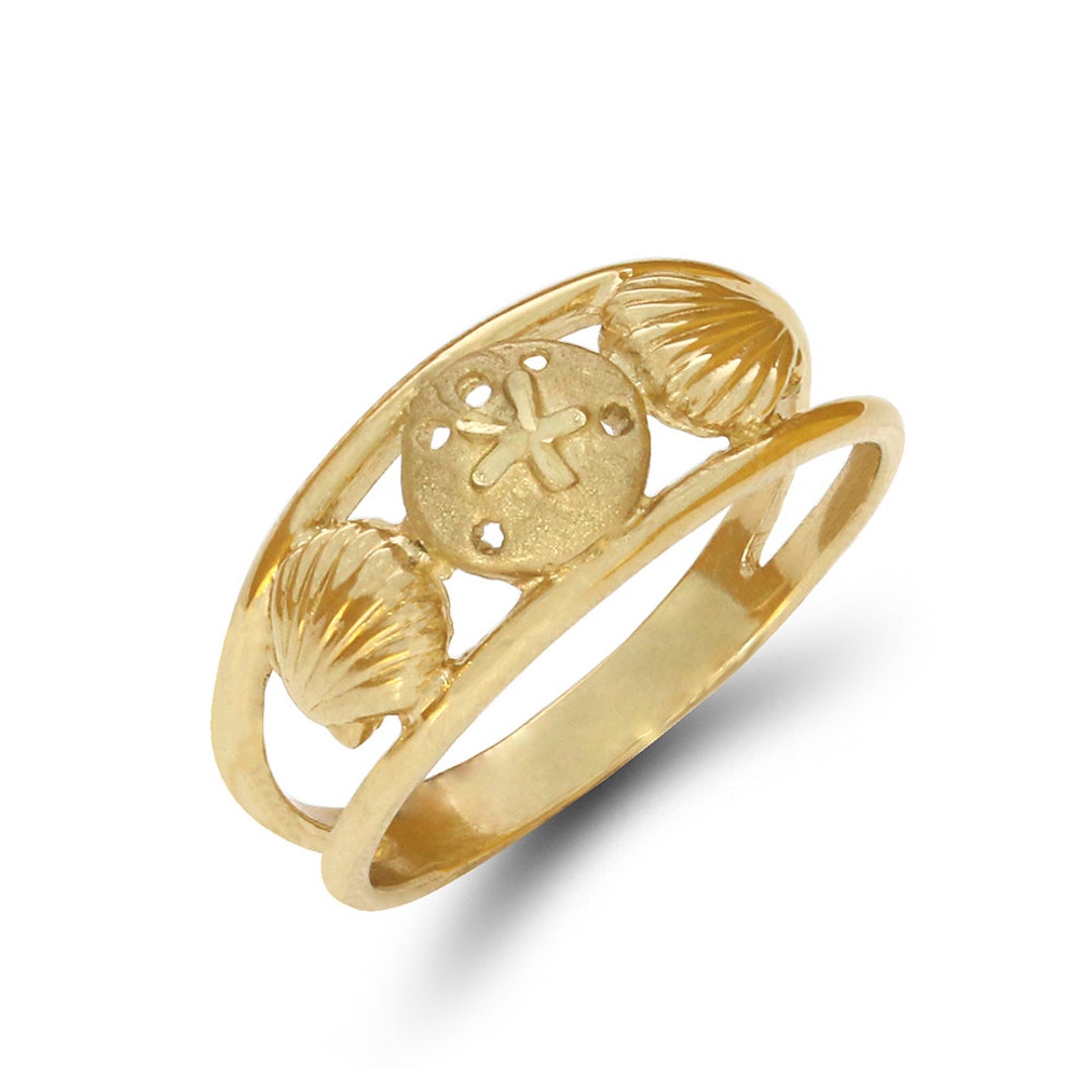 14k Solid Gold Shell With Sand Dollar Ring, Seashore Ring, Nautical ...