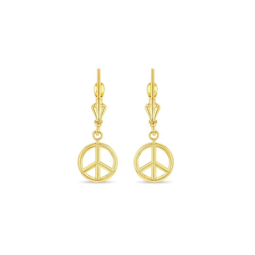 14k Solid Gold Double Sided Peace Drop Earrings on Fleur De Lis Lever ...