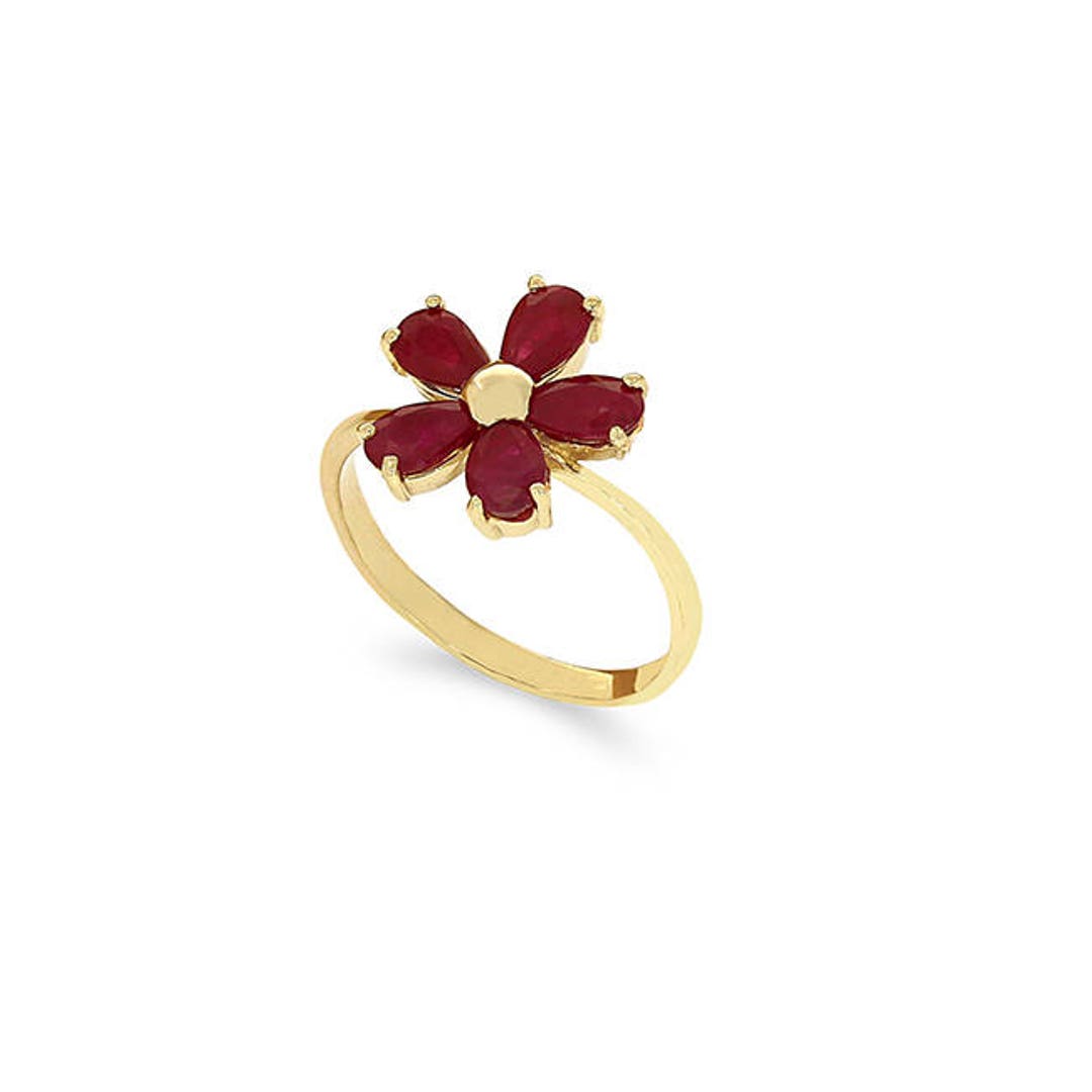 14K Solid Gold Flower Ring With Genuine Gemstone – Elegant Floral ...