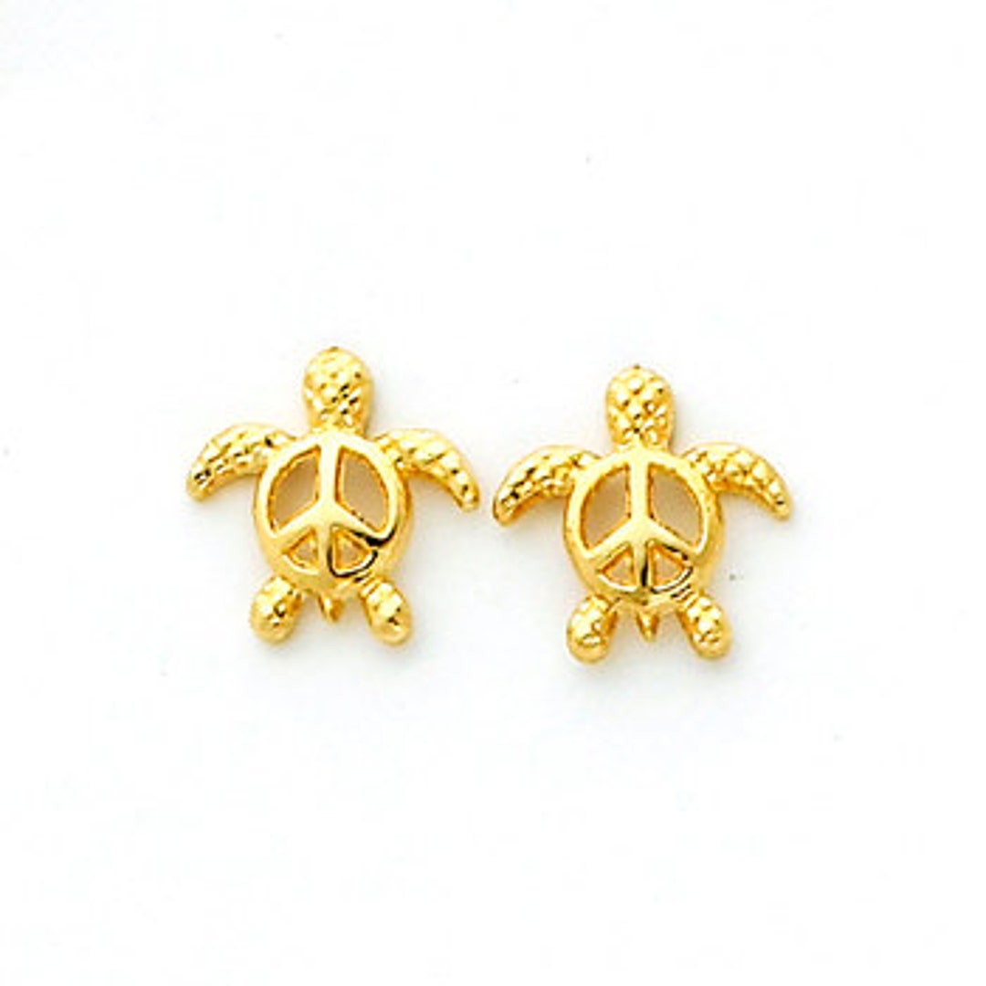 14K Gold Sea-turtle Peace Sign Post Earrings - Etsy