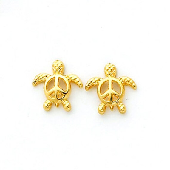 14K Gold Sea-turtle Peace Sign Post Earrings - Etsy