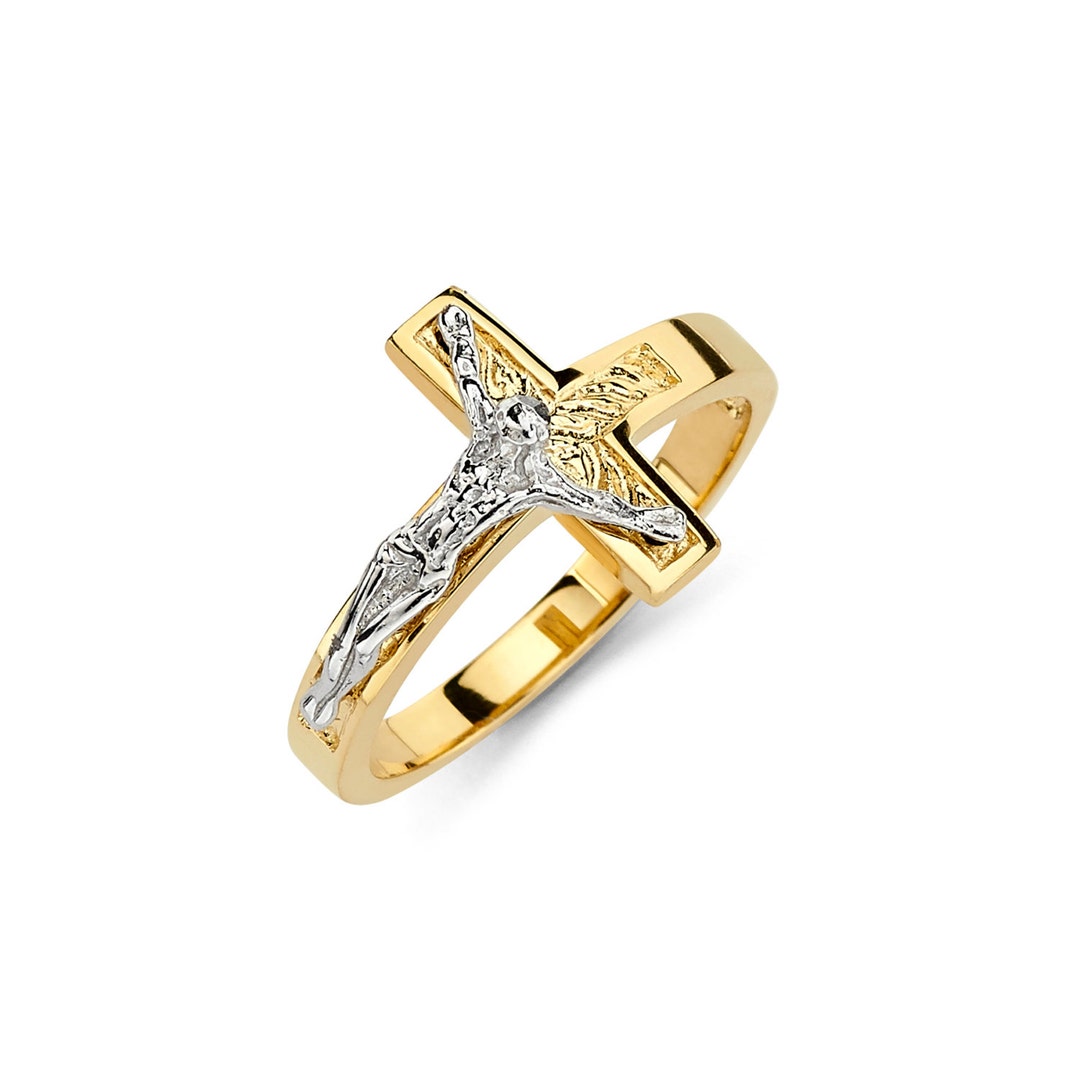 14K Two Tone Gold Crucifix Ring: Religious Cross Jewelry - Etsy