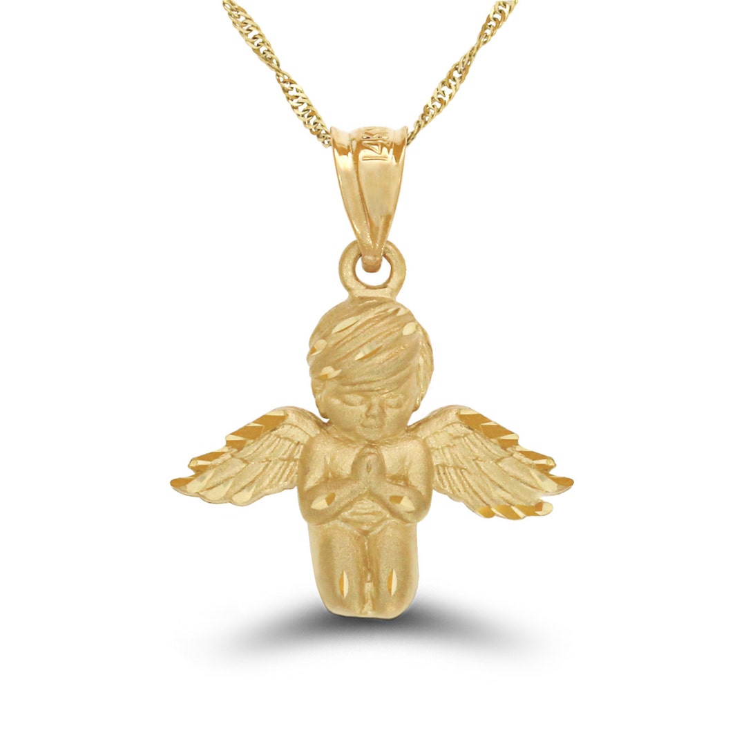 14K Solid Gold Praying Angel Pendant Necklace: Religious Charm Jewelry ...