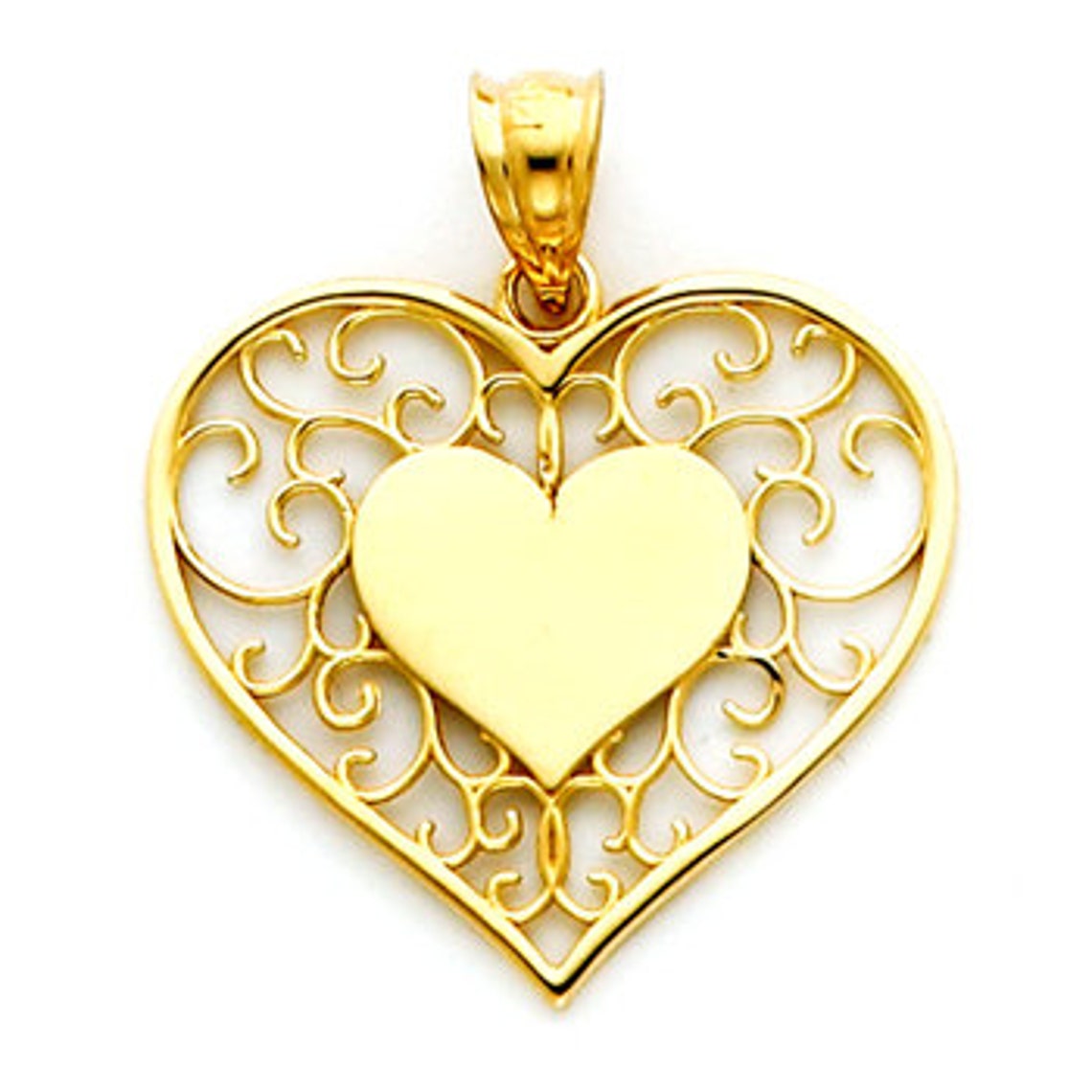 14k Gold Filigree Heart Pendant With a Solid High Polish - Etsy