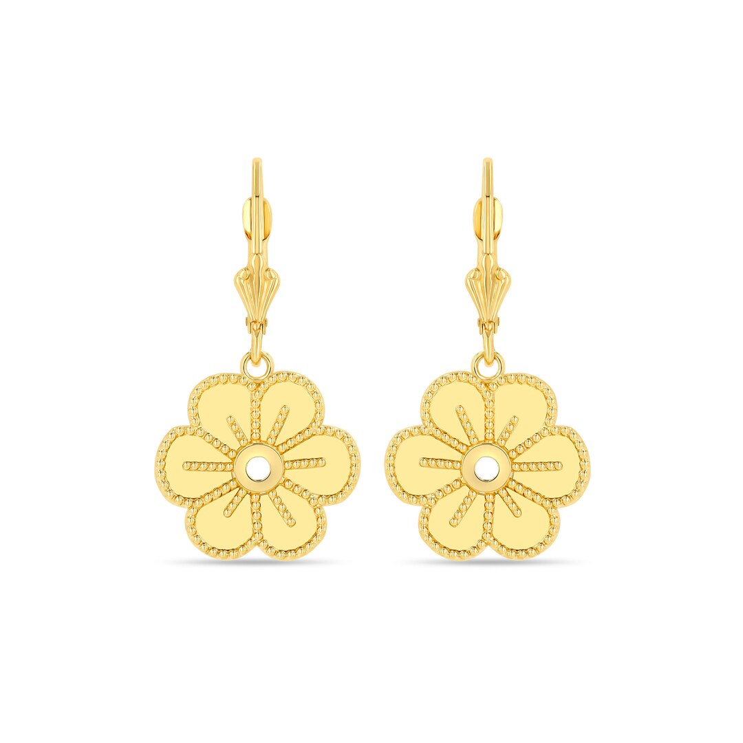 14k Solid Gold Flower Drop Earrings on Fleur De Lis Lever Backs. - Etsy