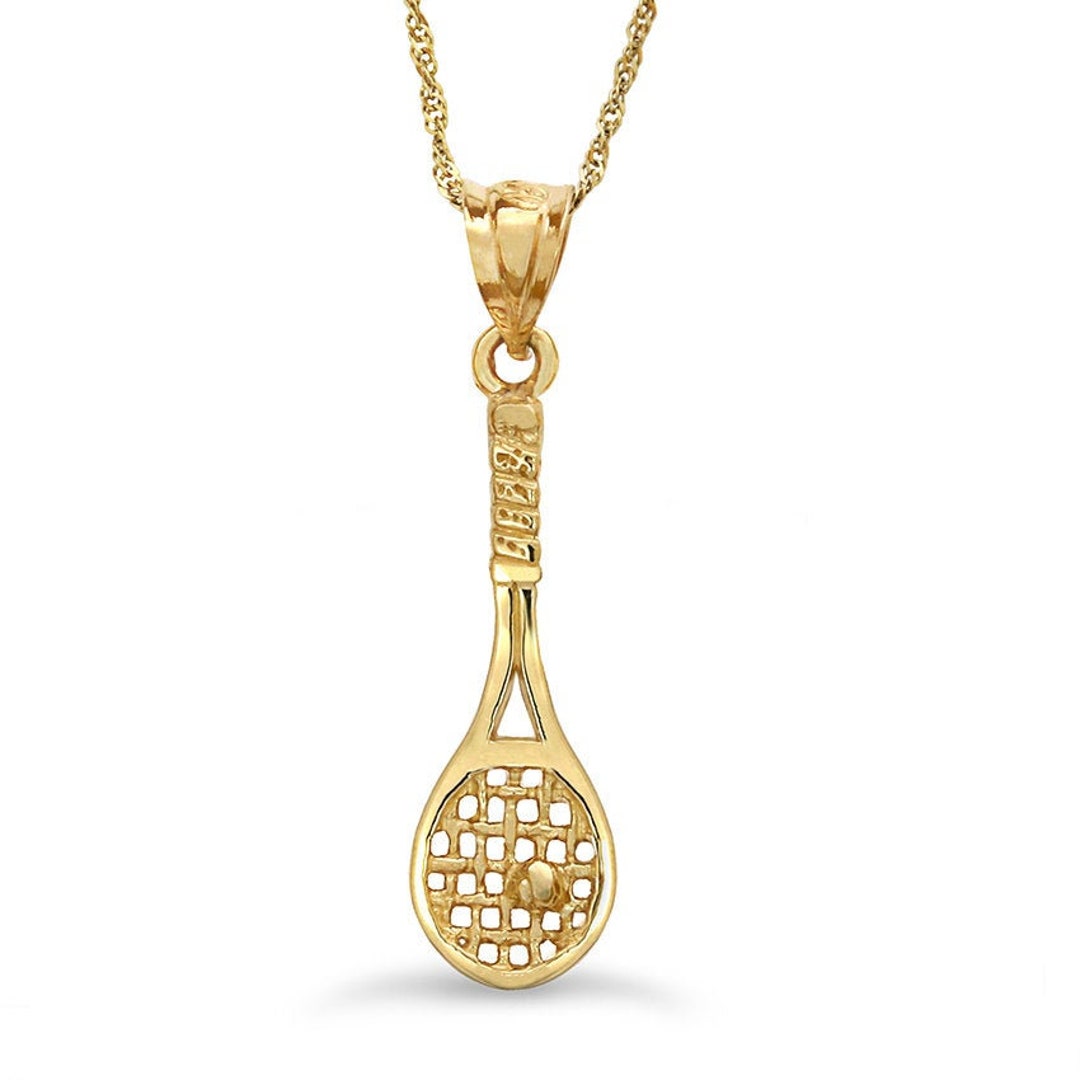 14k Solid Gold Tennis Racket With Ball Pendant on an 18" Solid Gold ...