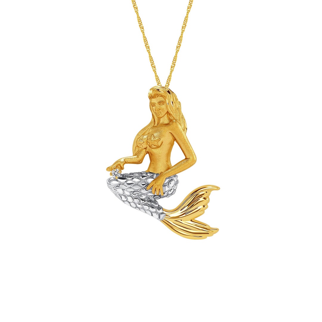 14k Solid Gold Mermaid Pendant With .03ct Diamond. - Etsy