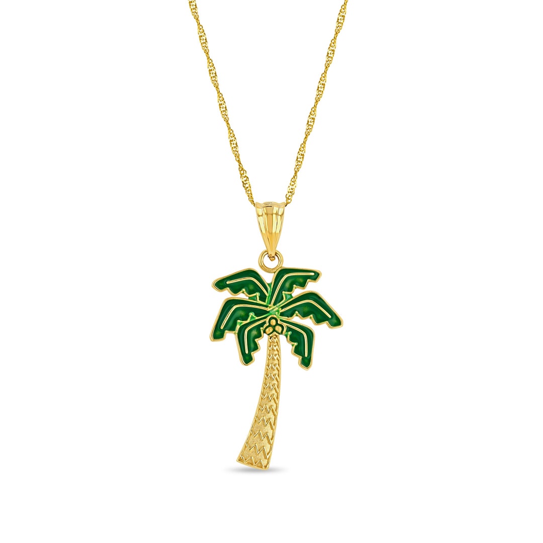 14k Solid Gold Palm Tree Pendant With Green Enamel on 18 Solid Gold ...