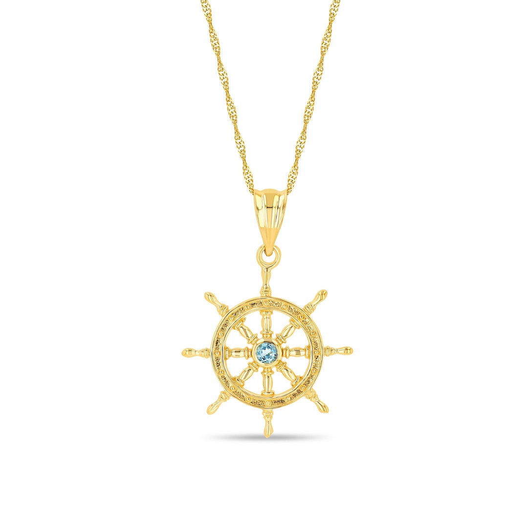 14k Solid Yellow Gold Ships Helm Pendant With Blue Topaz Center on 18 ...