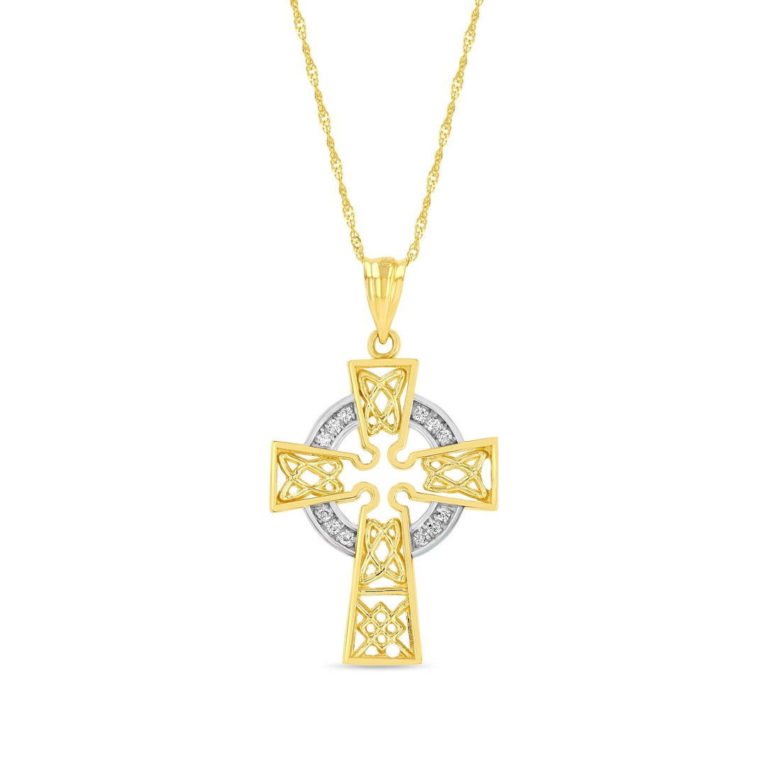 14K Solid Gold Celtic Irish Cross Necklace – Two-tone Cross With .10ct ...