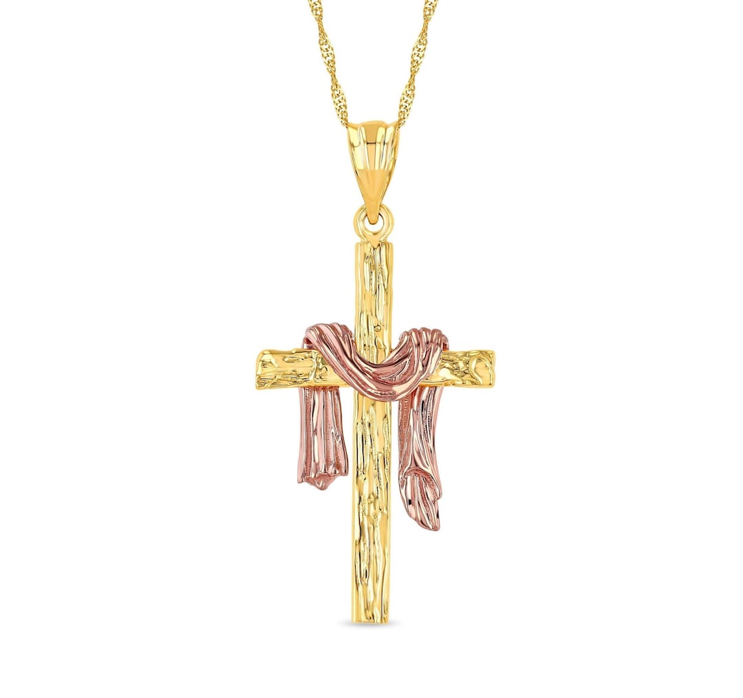 14k Solid Gold Two Tone Cross With Drape Pendant on 18" Solid Gold ...