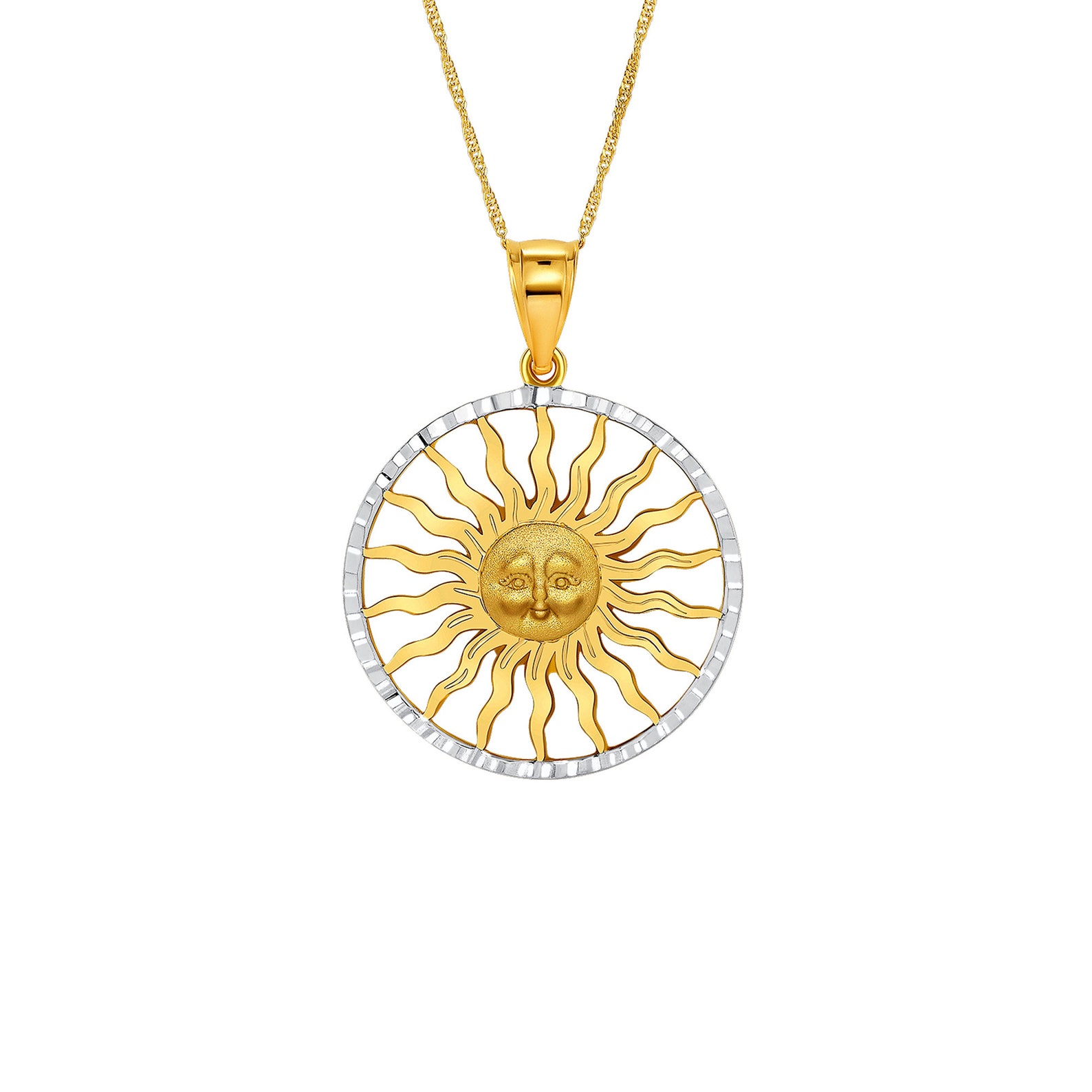 14k solid gold two tone Sun Pendant on 18 solid gold | Etsy