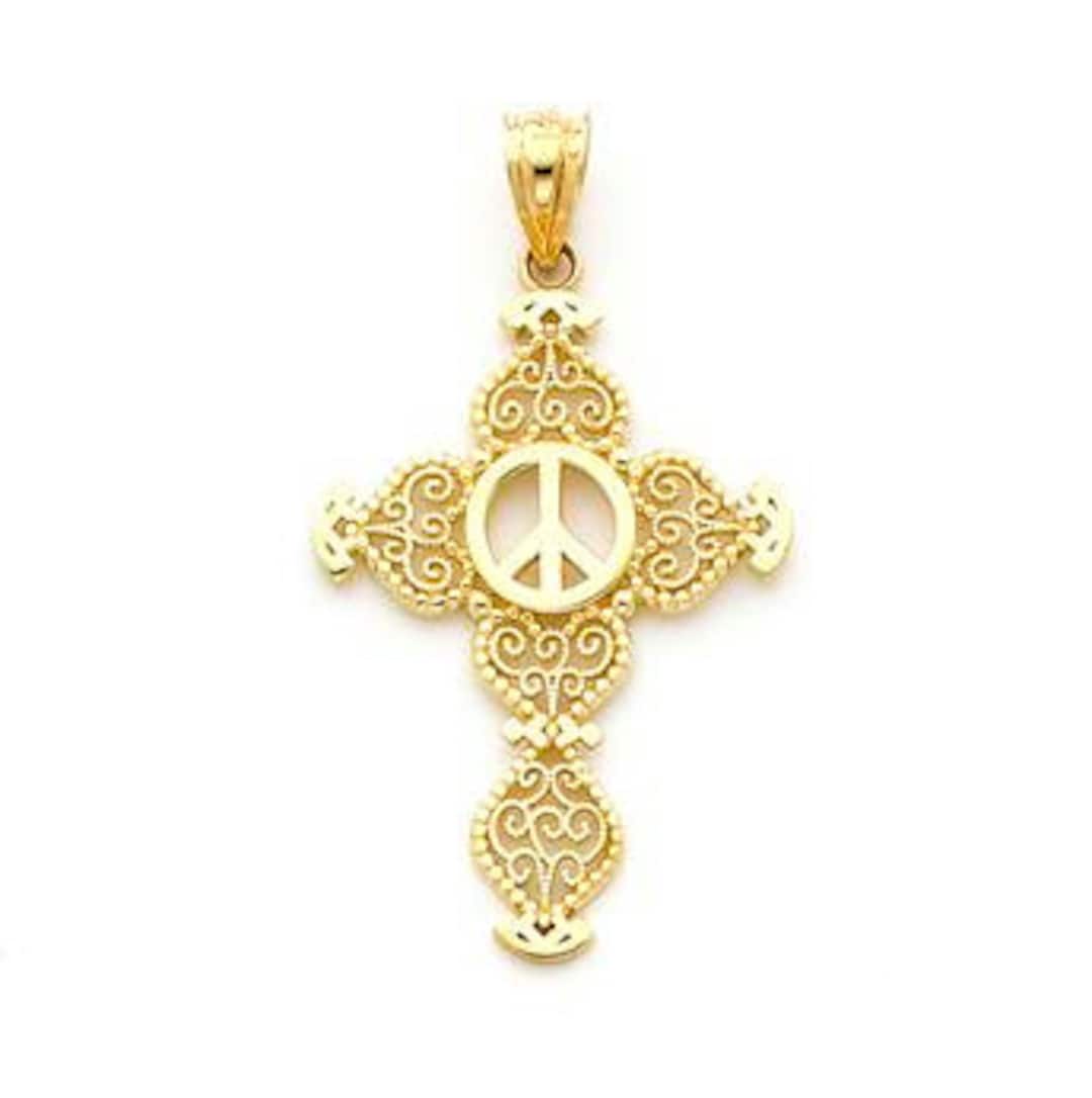 14K Yellow Gold Peace Cross Pendant, Cross Pendant, Peace Pendant ...