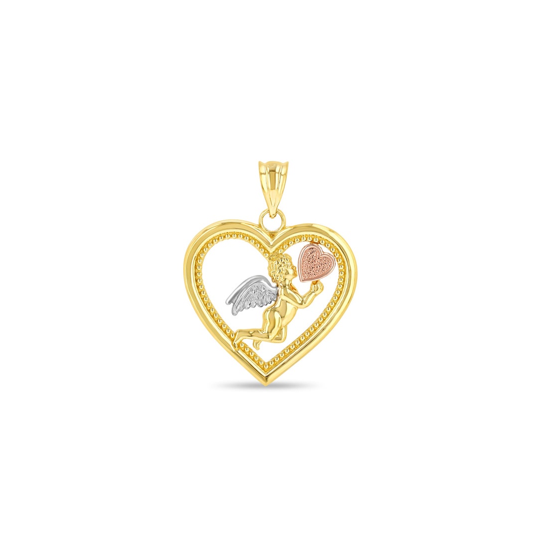 14k Solid Gold Tri Color Angel in Heart Pendant. - Etsy