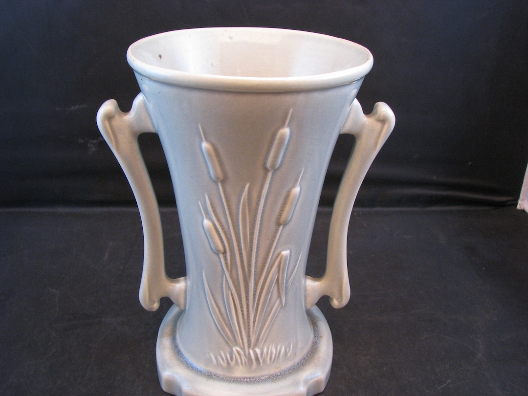 Pottery Vase Cattail Double Handle Light Blue/grey Cameron Clay Company ...