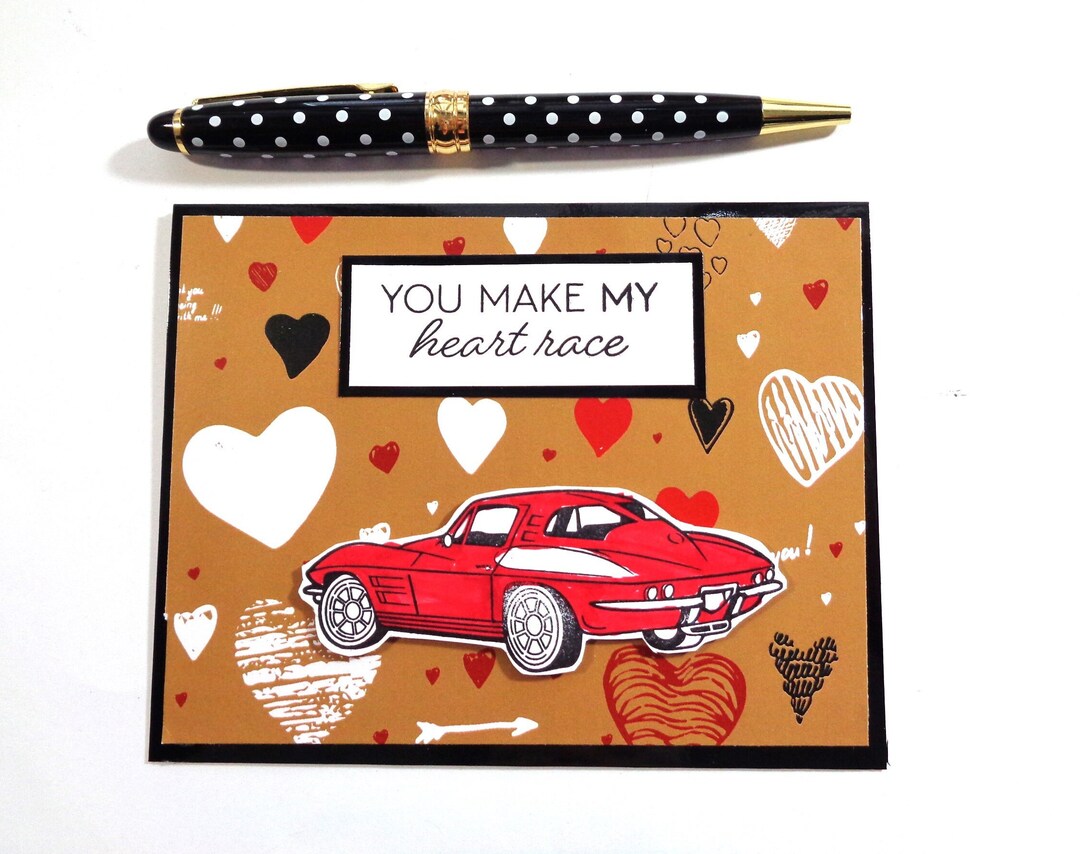 Men's Valentine Card Red Corvette You Make My Heart Race Red Hearts ...
