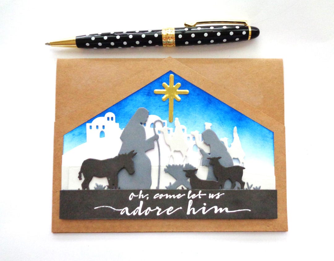 Nativity Card Christ is Born Christmas Card Away in the Manger 3D Card ...