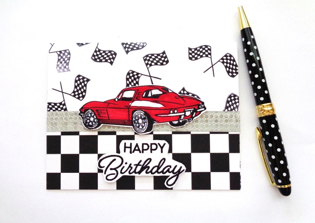 Red Corvette Car Birthday Card Black & White Masculine Happy Birthday ...