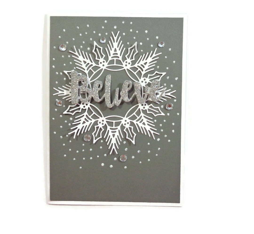 Stunning Snowflake Christmas Card Silver Glitter Believe and White ...