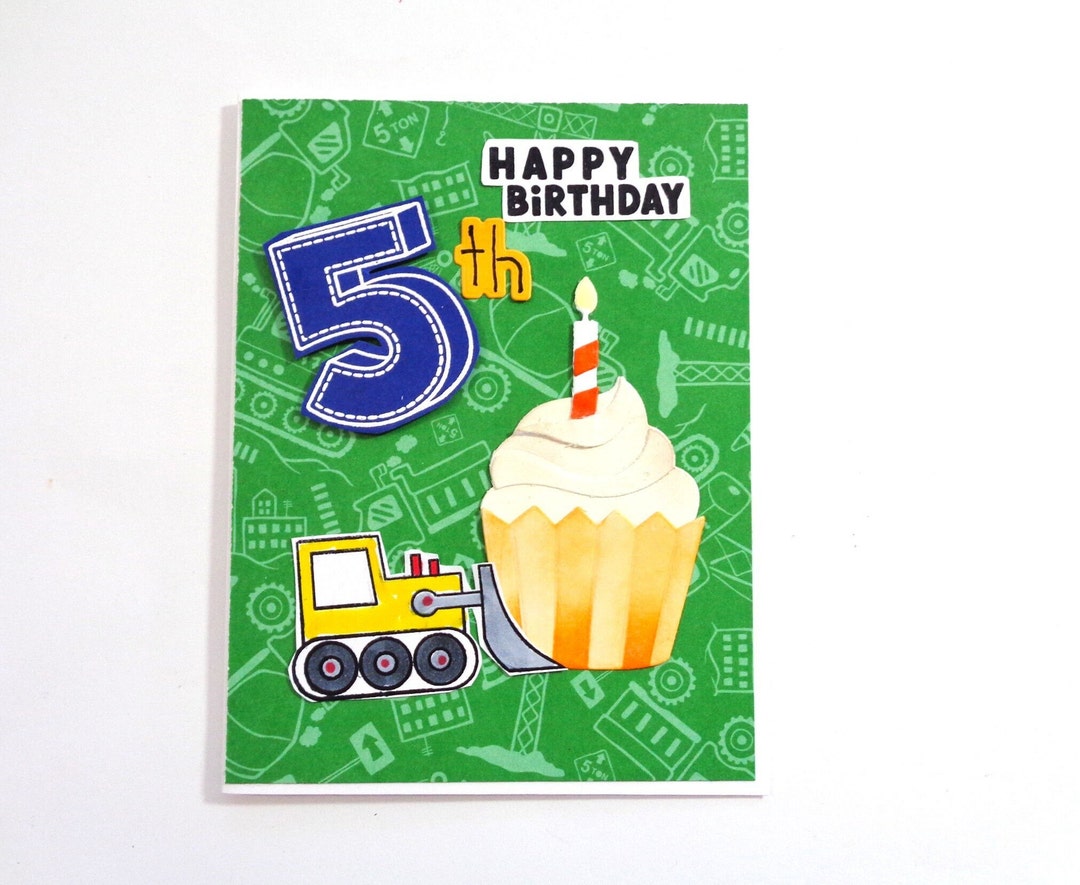 5th Birthday Card for Boys Cupcake and Construction Trucks Handmade ...