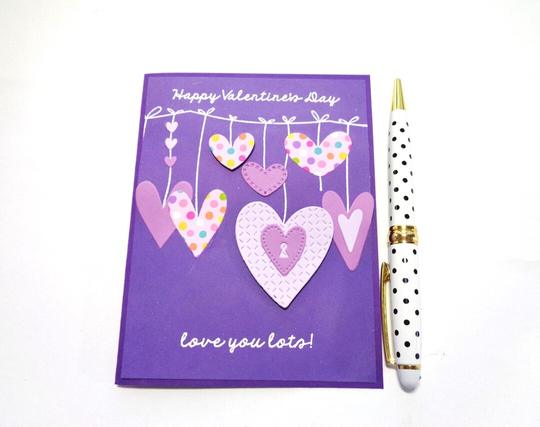 Purple Valentine Card - Hanging Multicolored and Textured Hearts ...