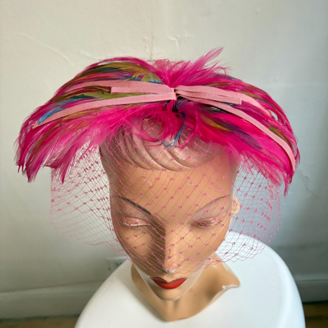 Vintage 1950s Glamour Hot Pink Ribbons & Feathers Fascinator Ornamental ...