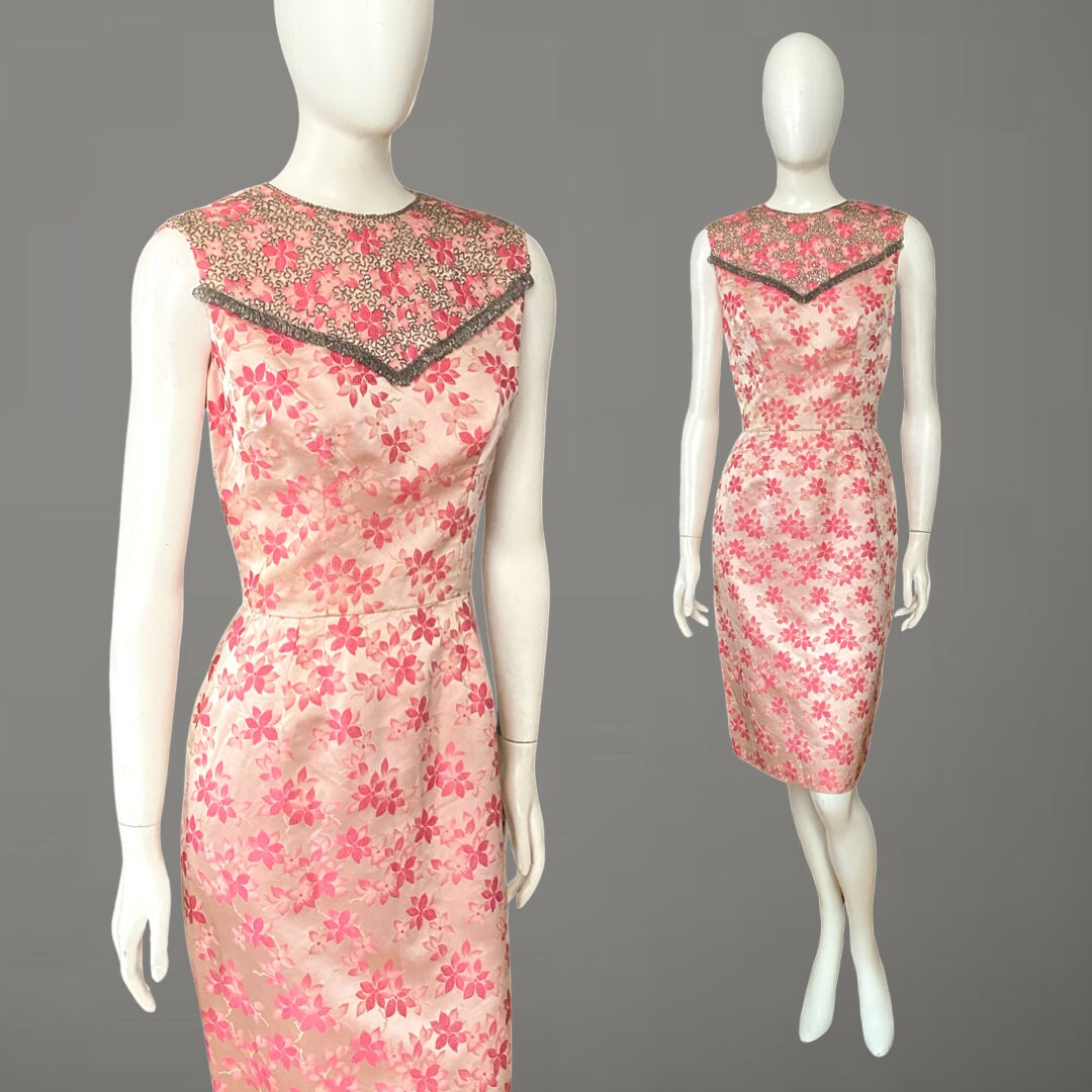 Vintage 1960s Sparkling Beaded Silk Pink Floral 60s Cocktail Dress M - Etsy