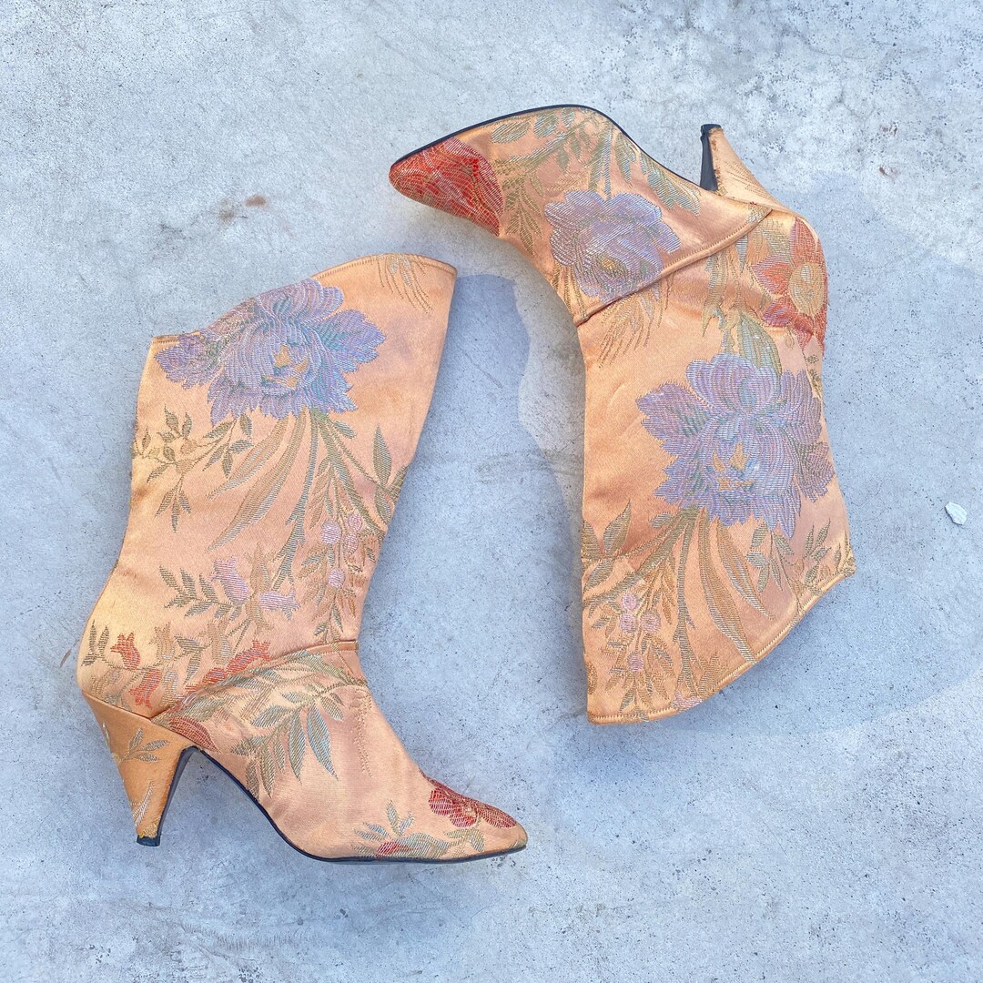 Vintage 1980s ZALO Metallic Floral Silk Brocade Boots Sz 8 - Etsy