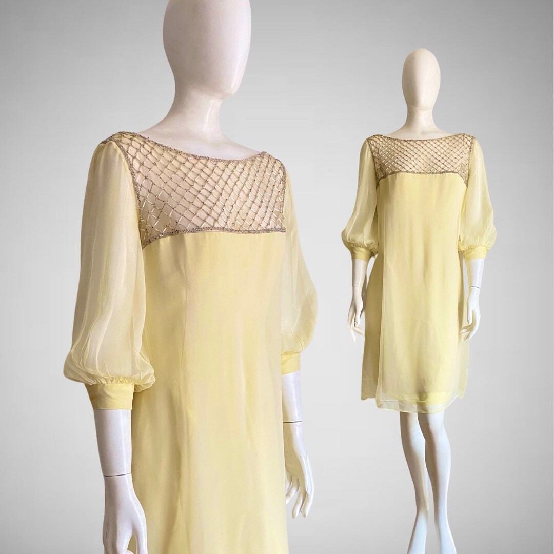 1960s Vintage MISS ELLIETTE California Yellow Sherbet Chiffon Cocktail ...