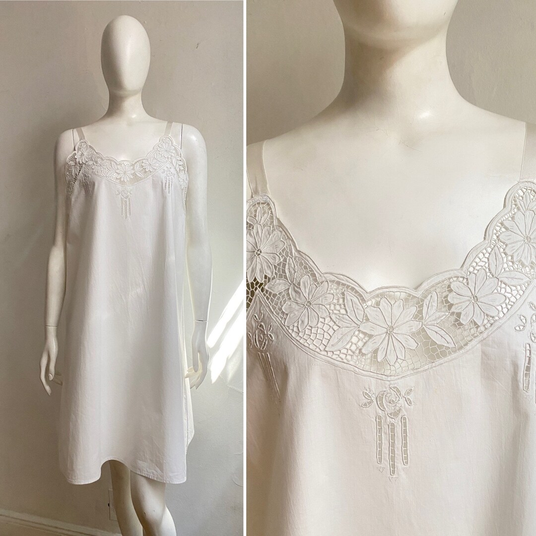Vintage 1900s Edwardian Whites Nightgown Slip Shift With Drawnwork L - Etsy