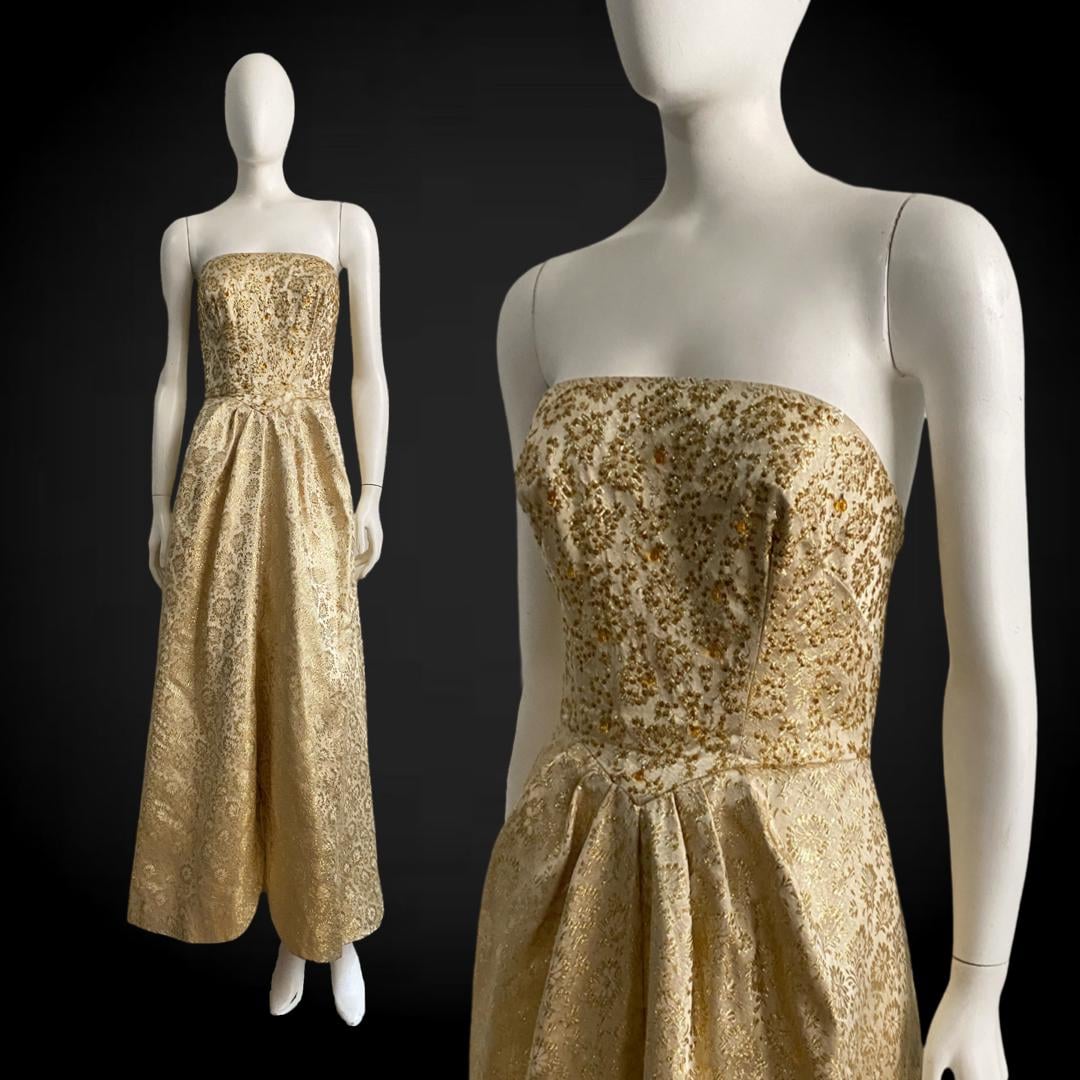 Vintage 1950s Metallic Gold Brocade Gala Evening Gown Embellished ...