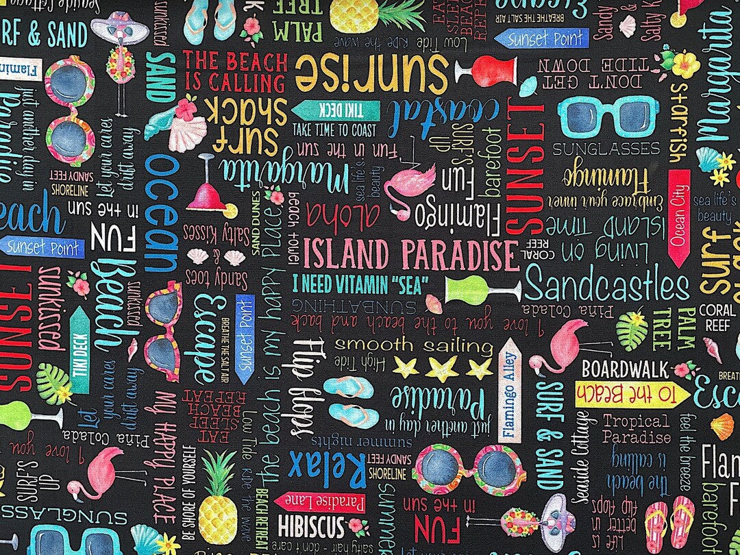 Fun in the Sun Words Black - Tropical Flower Fabric - Beach Sayings ...
