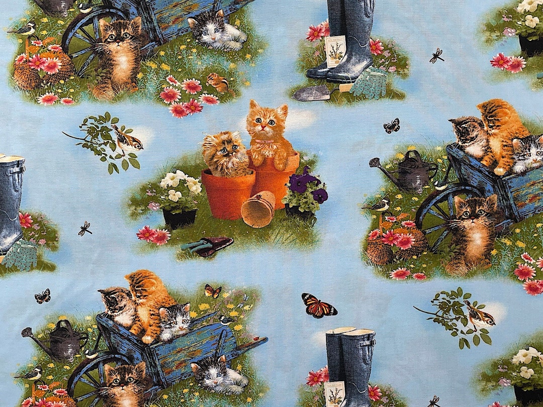 Kittens in the Garden Scenic - Cat Fabric - Cotton Fabric - CAT-119 - Etsy
