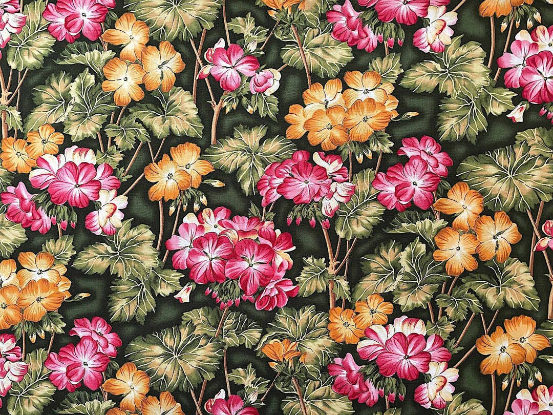 Geraniums Forest Gold - Cotton Fabric - Flower Fabric - FL-349 - Etsy